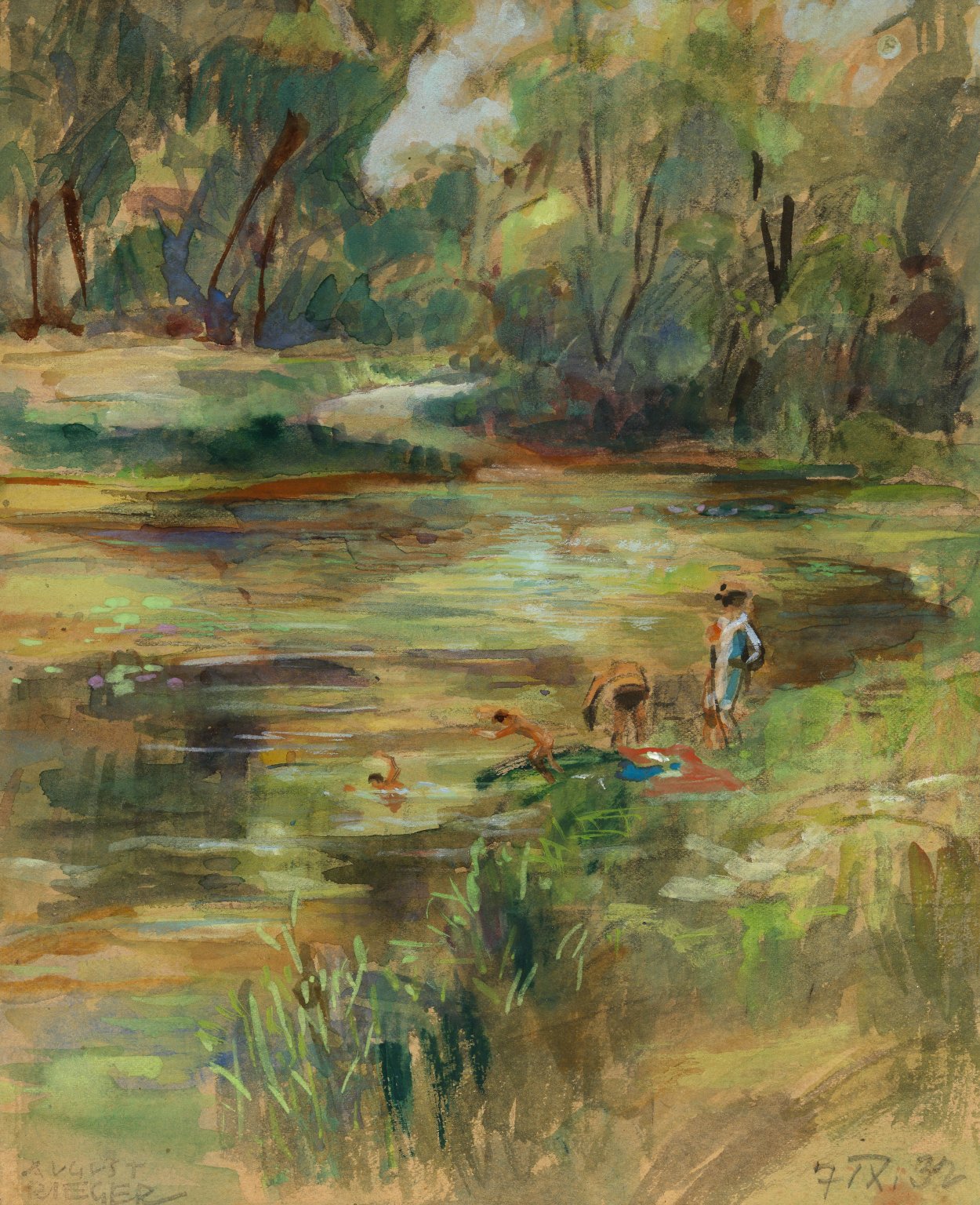 August Rieger - Badende in der Lobau - Aquarell | Kunstkaufen.at