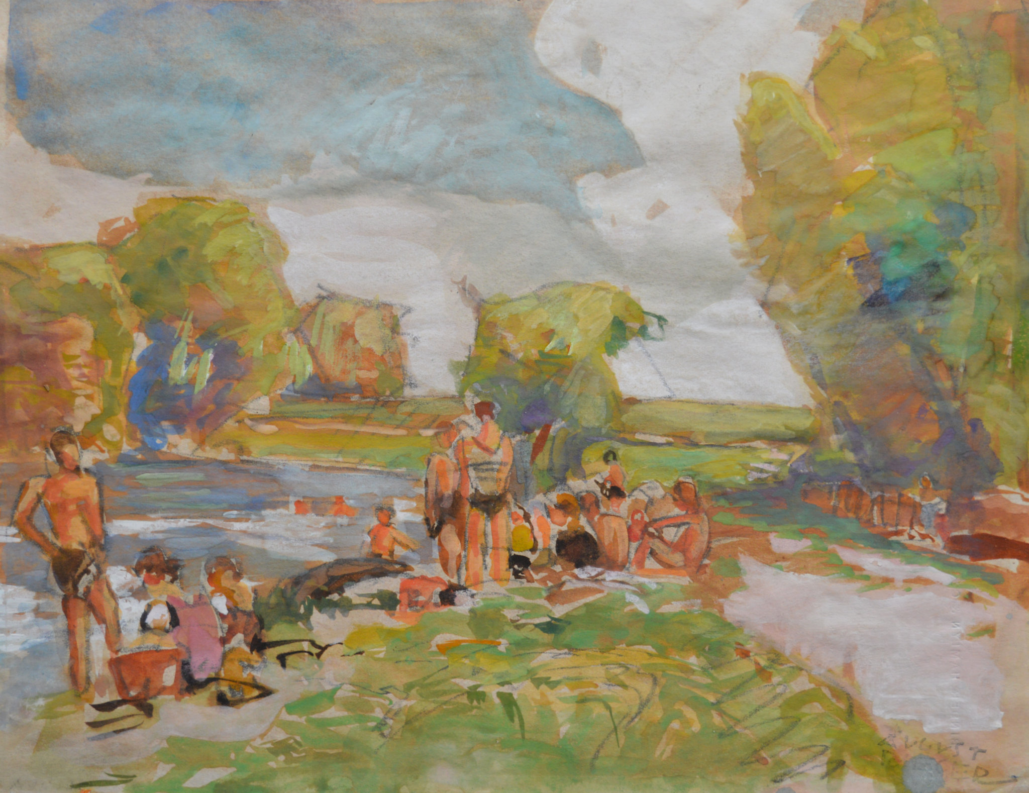 August Rieger - Badevergnügen im Prater - Aquarell | Kunstkaufen.at